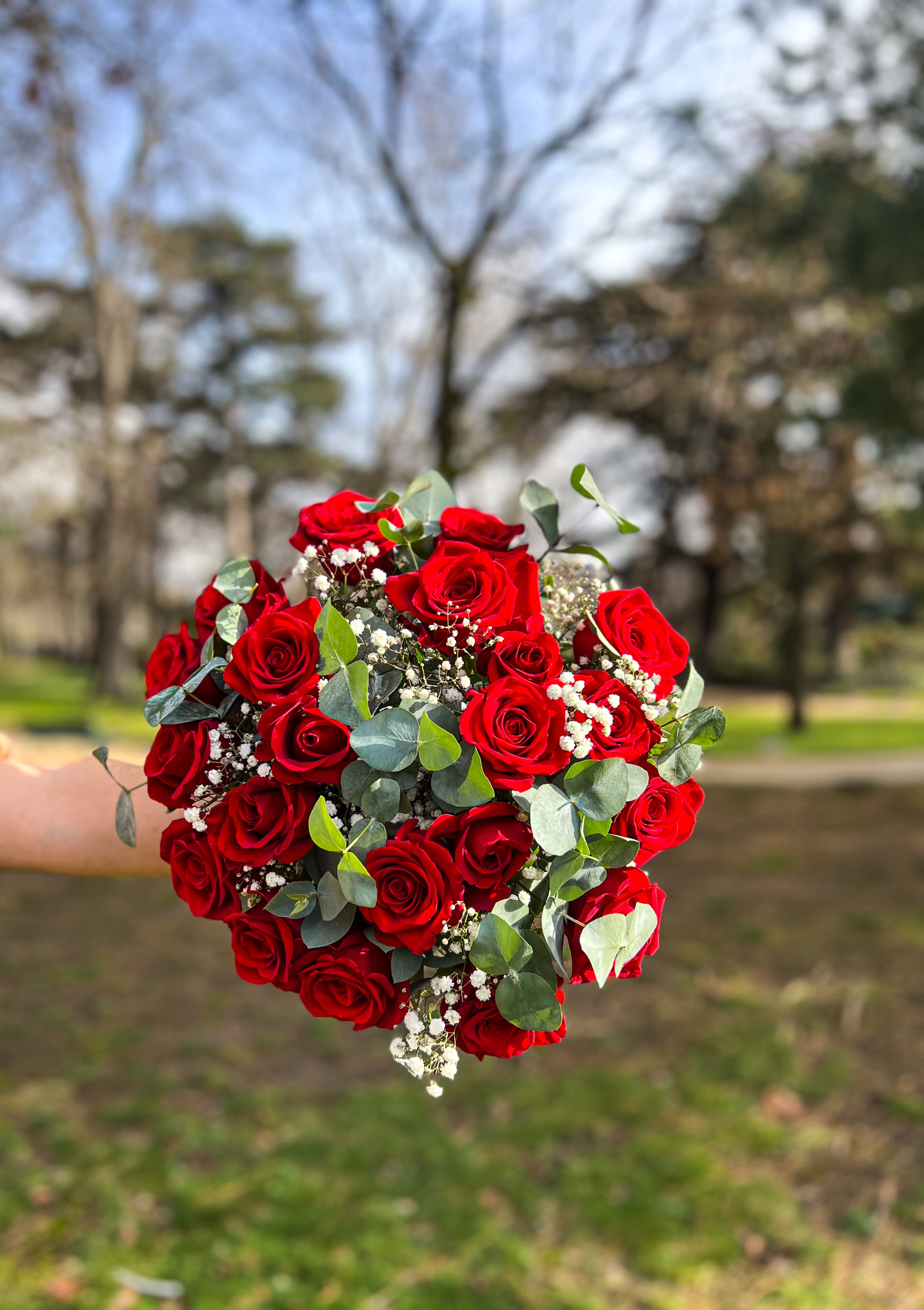 Bouquet de Roses rouges avec du gypsophile - Fleurs d'Auteuil